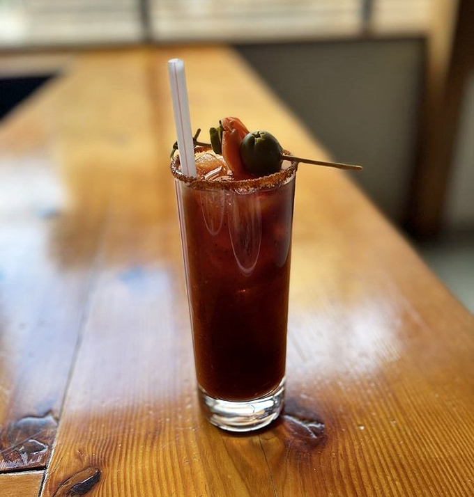 A Bloody Mary that doubles as a meal—spicy, savory, and garnished with enough vegetables to count as a salad. Brunch in a glass!