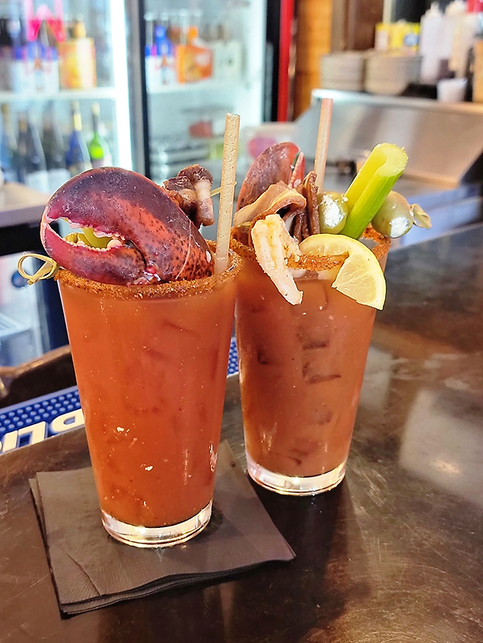 Bloody Marys that double as both cocktail and appetizer—complete with a seafood garnish that's practically a meal unto itself.