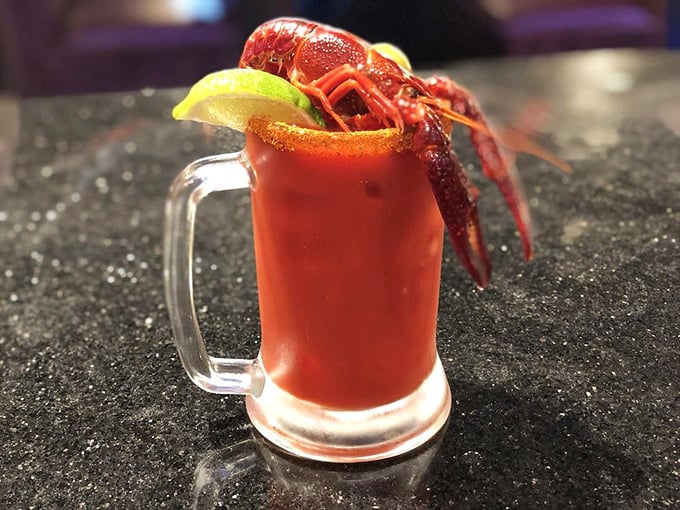 A Bloody Mary garnished with crawfish – because sometimes regular celery just isn't bold enough for the occasion.