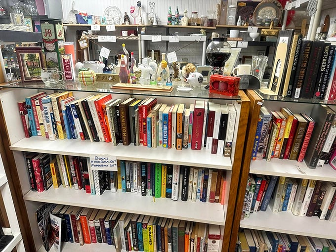 Books stacked with the precision of a literary Jenga tower. That cookbook collection holds more family secrets than your grandmother's recipe box.
