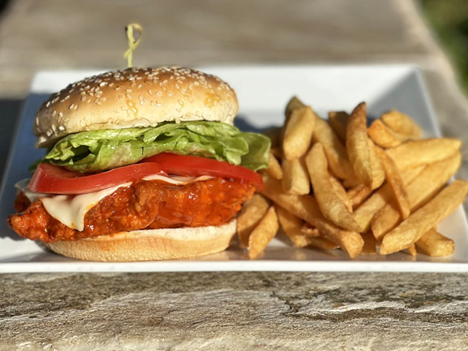 This buffalo chicken sandwich doesn't whisper spice—it announces it proudly. Crispy, saucy perfection with fresh lettuce, tomato and fries that refused to be upstaged.