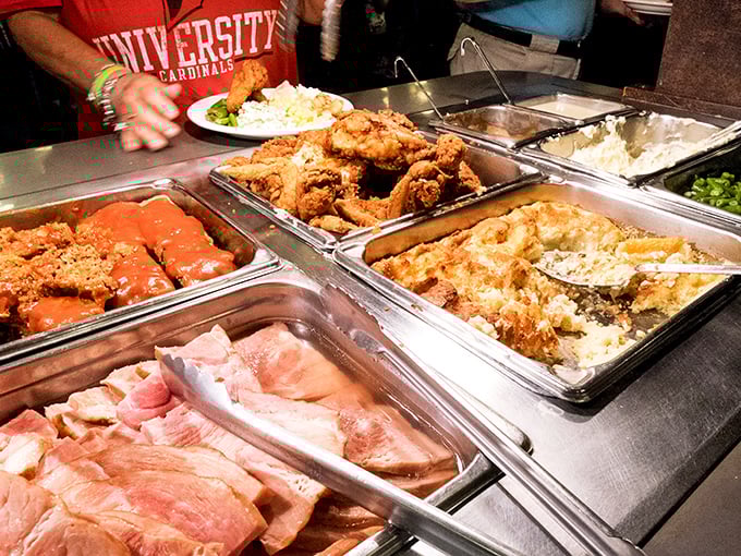 The buffet line: where good intentions about portion control go to die. That fried chicken is worth every extra minute on the treadmill tomorrow. 