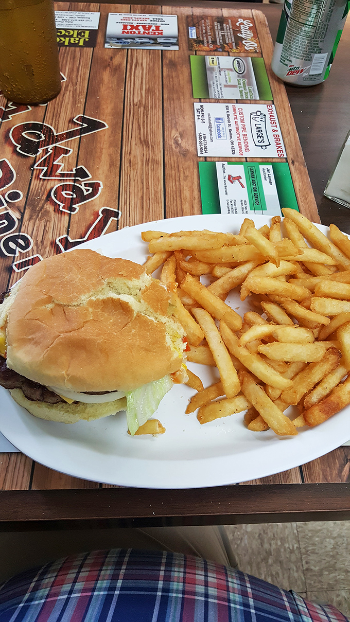This isn't just lunch—it's therapy on a plate. The golden fries and perfectly toasted bun suggest someone in that kitchen really cares.