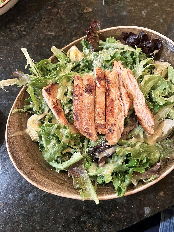 A Caesar salad that Julius himself would approve of – simple ingredients treated with respect and topped with perfectly grilled chicken.