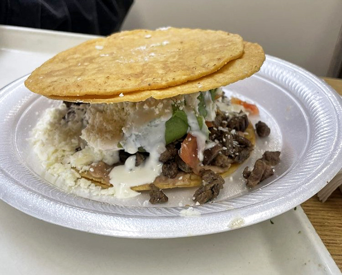 This tostada isn't just a meal—it's an architectural marvel balancing crisp tortilla, savory meat, and fresh toppings in perfect harmony.