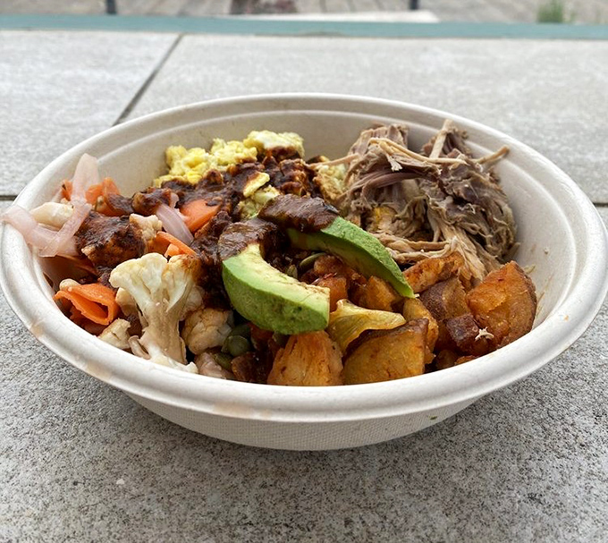 Morning glory in a bowl: Carnitas, potatoes, and avocado creating the breakfast of champions who plan to surf—or just watch surfers.