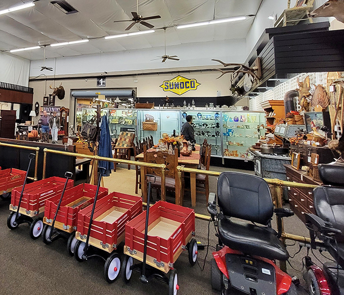 Those little red wagons aren't just for show—they're your sherpa through this mountain of memorabilia. Choose wisely, intrepid explorer.
