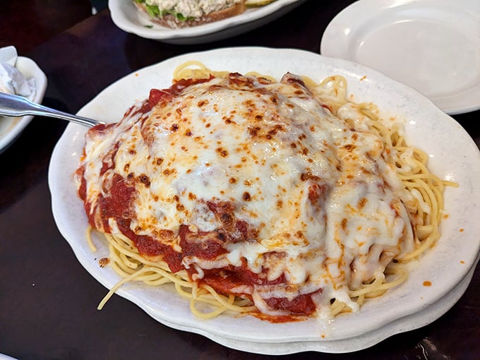Behold the chicken parmesan in its natural habitat – swimming in marinara, blanketed with melted cheese, atop a nest of perfectly cooked spaghetti.