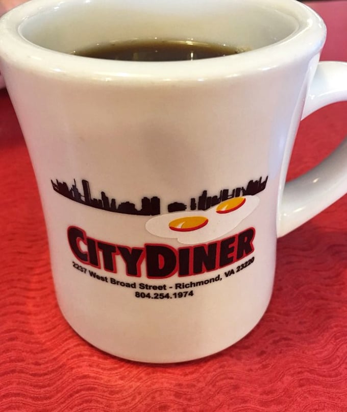 That iconic City Diner coffee mug—where the Richmond skyline meets two sunny-side-up eggs in a perfect marriage of local pride and breakfast symbolism.