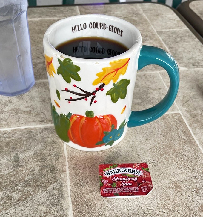 Even the coffee mugs have personality at Westside. This seasonal "Hello Gourd-geous" cup promises refills until you've solved all of life's problems—or at least today's.