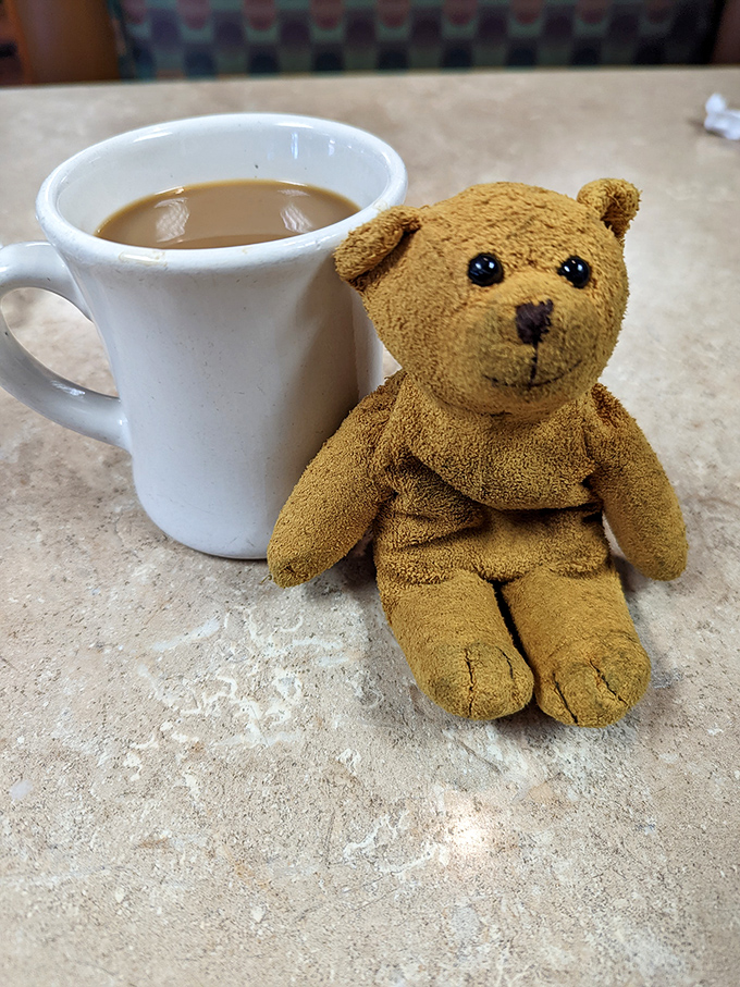 Even the coffee mug has a friend at Bartonville Diner. This teddy bear knows what you know—that diner coffee is the fuel that powers America's conversations.