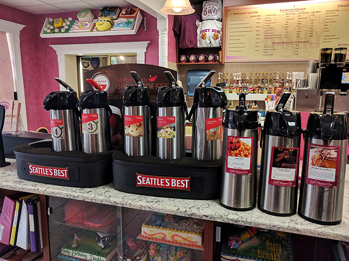Coffee stations this organized should win awards—perfectly labeled carafes waiting to pair with whatever sweet indulgence you've selected.