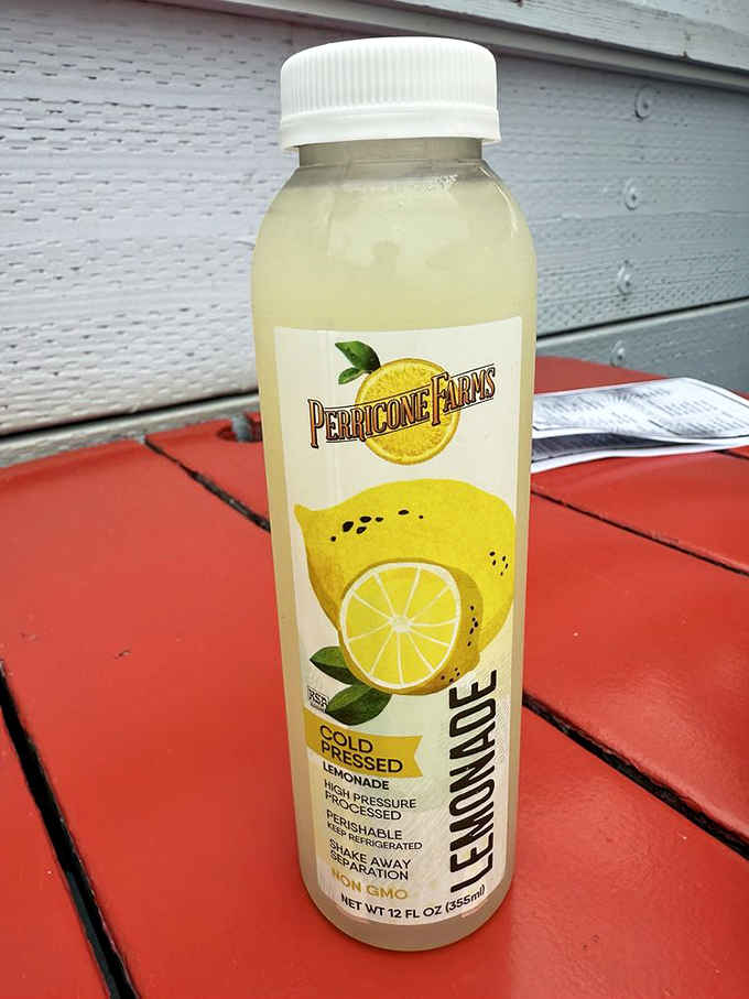 Cold-pressed lemonade on a red picnic table – the perfect palate cleanser between bites of seafood. Sunshine in a bottle, literally.