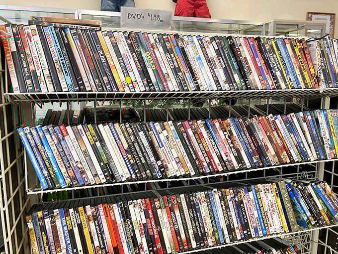 The DVD wall – a physical Netflix from the before-times. Remember when we built entire entertainment centers just to house these plastic treasures?