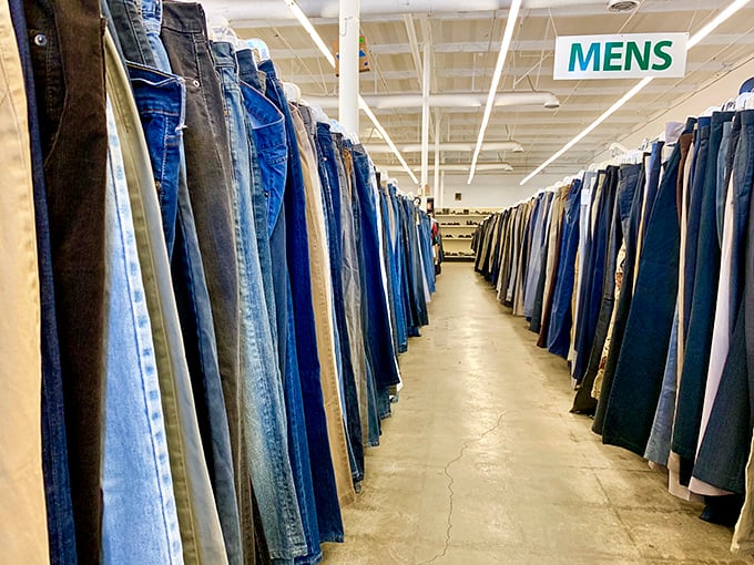 The denim corridor—like walking through a Levi Strauss museum where every exhibit can go home with you for under $10.