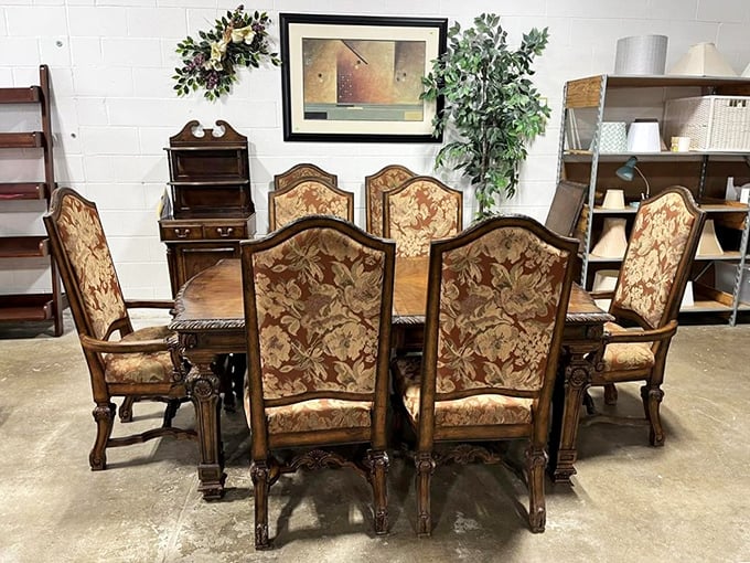 This dining set isn't just furniture; it's a time machine to Sunday dinners at Grandma's house, minus the uncomfortable questions about when you're getting married.