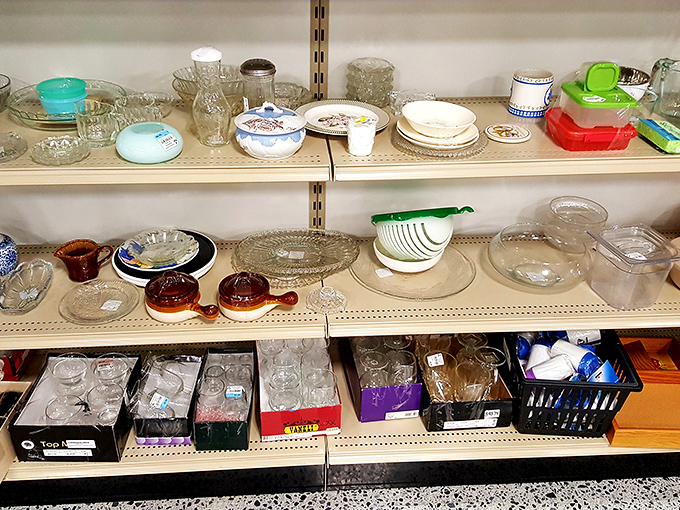 Vintage glassware and serving pieces arranged like a museum of domestic history, each piece whispering tales of bygone celebrations.