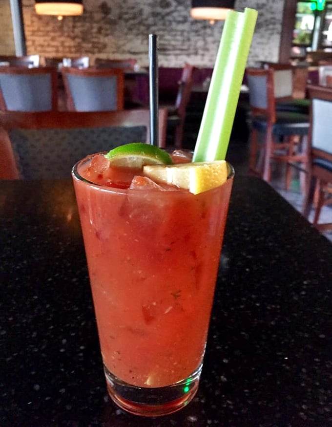 A Bloody Mary dressed to impress, complete with celery stalk standing at perfect attention.