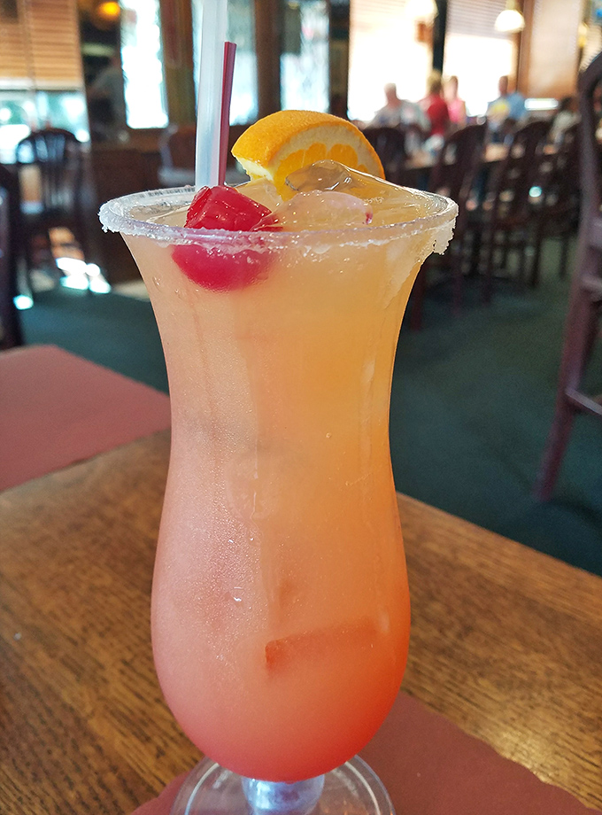 Even the drinks come dressed for vacation, with fruit garnishes that say "Yes, this counts as breakfast nutrition."