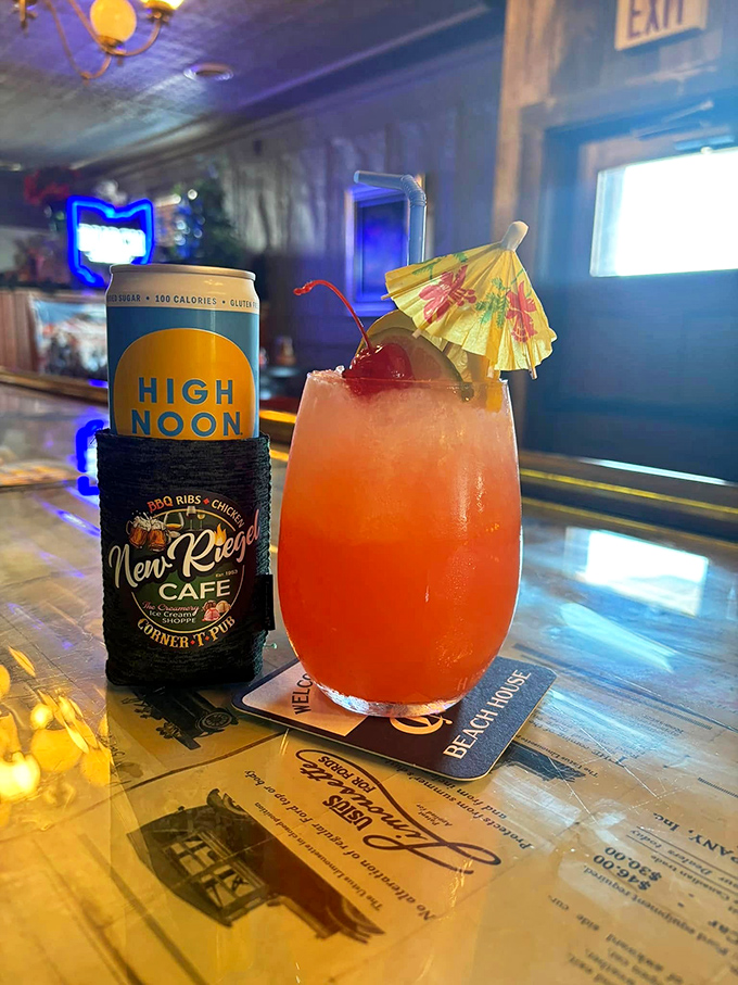 Tropical vacation in a glass—this fruity concoction with its paper umbrella feels delightfully out of place yet perfectly at home in this heartland institution.
