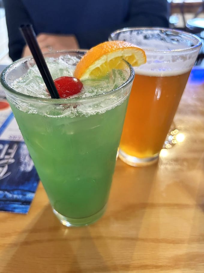 Colorful cocktails that say "vacation" even if you're just 20 minutes from home. That bright green concoction looks like it could fuel a weekend's worth of fishing stories.