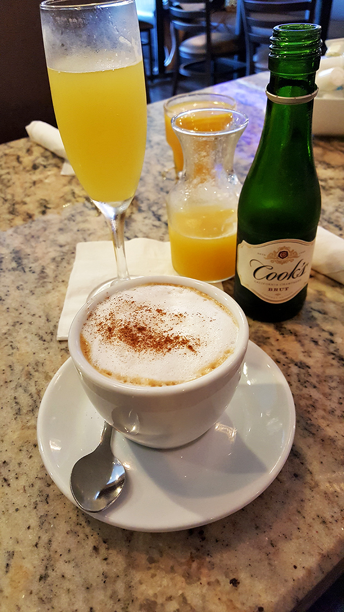 Morning mimosas and cappuccino—because sometimes adulting means having champagne with breakfast and calling it sophisticated.