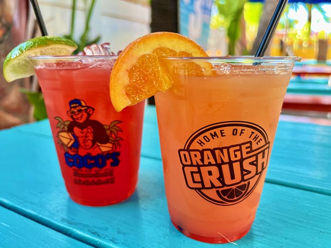 Tropical drinks in plastic cups—the official uniform of Florida relaxation. One sip of that Orange Crush and suddenly Monday's problems seem very, very far away.