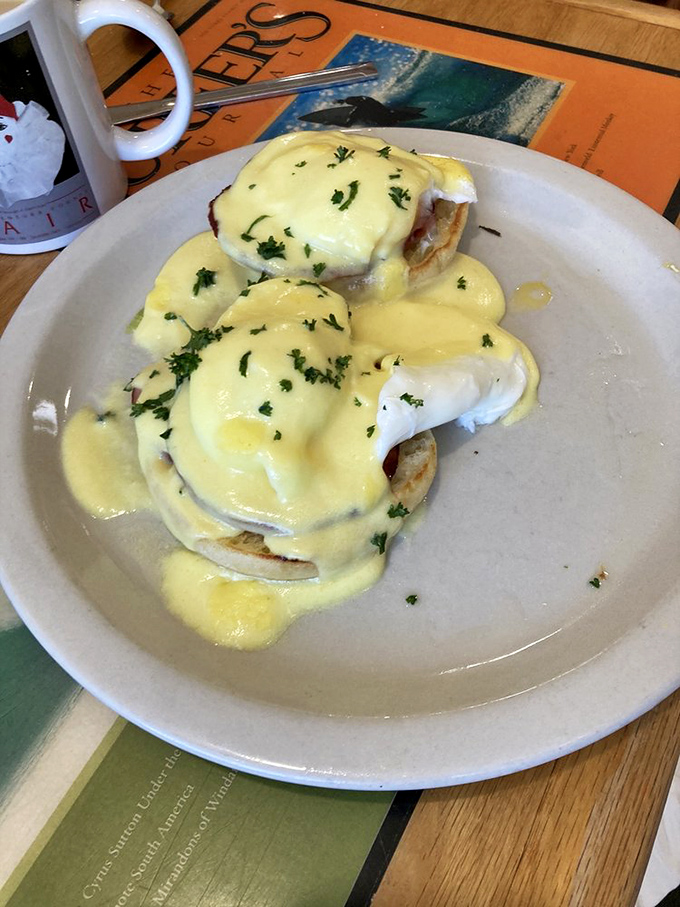 Hollandaise sauce glistens like liquid gold atop these Eggs Benedict—a breakfast classic executed with the precision of a culinary Olympic event.