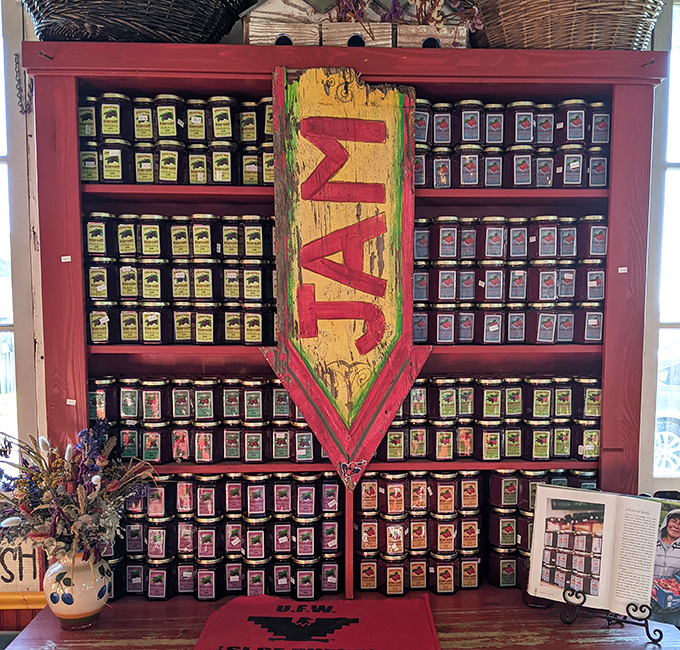 The jam display—where summer gets preserved in jars and memories get made in spoonfuls. Taste before you buy!