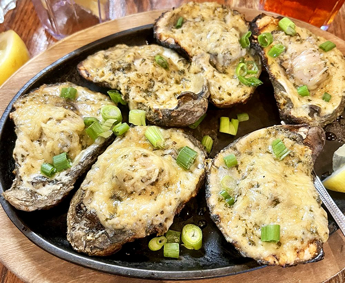These flame-grilled oysters aren't just appetizers – they're little seafood thrones topped with cheesy, herby goodness that might make you forget about the steaks.