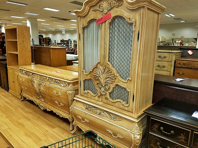 Ornate wooden masterpieces that whisper of dinner parties past. This isn't just furniture – it's functional art with a "SOLD" tag already claiming it.