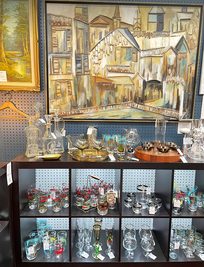 Behind this glass display lies a liquid history lesson – each vintage tumbler and goblet has probably witnessed more interesting dinner conversations than we ever will.
