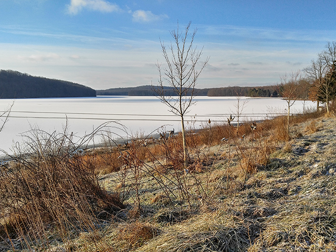 Winter transforms Glendale Lake into a frozen wonderland, where ice fishing enthusiasts gather and the only traffic jam is between competing fish stories.
