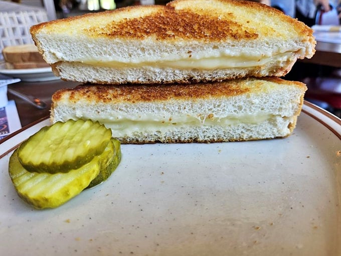 The humble grilled cheese elevated to art form – perfectly melted interior, golden exterior, with pickle slices standing guard like tangy sentinels.