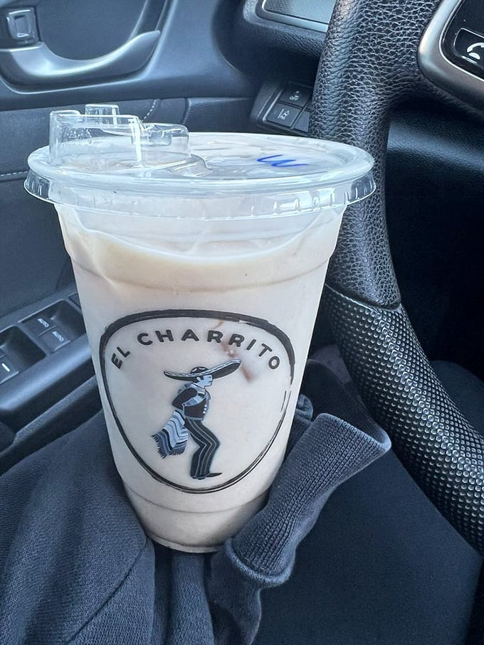 The horchata at El Charrito isn't just a beverage—it's liquid comfort in a branded cup, perfect for sipping while navigating California traffic.