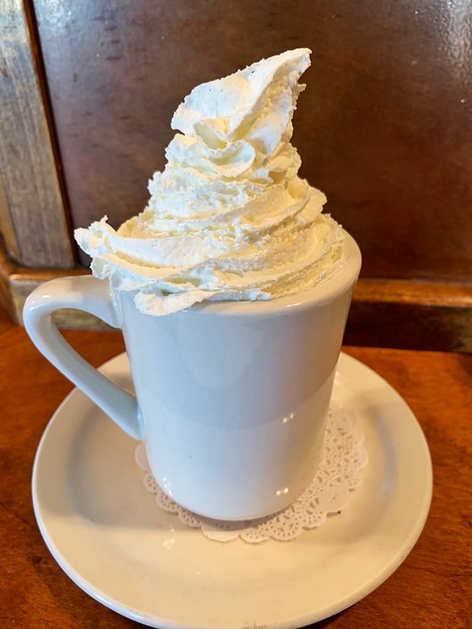 Hot chocolate that doesn't know it's not dessert, crowned with a whipped cream mountain that would make the Swiss Alps jealous.