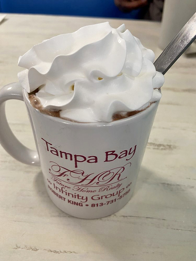 Hot chocolate that doesn't skimp on the whipped cream mountain. In Florida, this counts as experiencing winter without the inconvenience of actual snow.