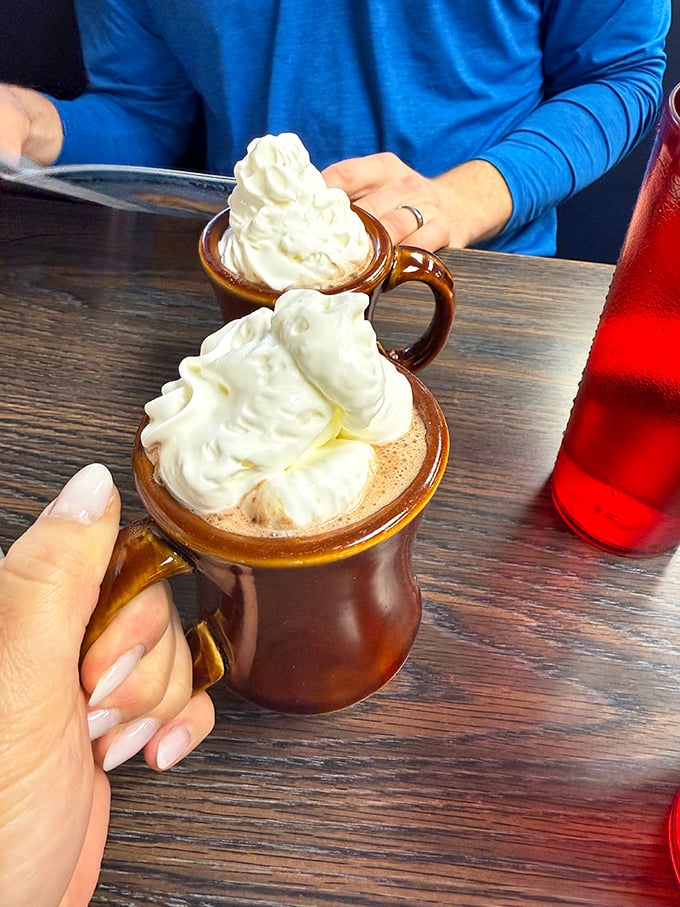 Hot chocolate that doesn't just warm your hands but hugs your soul. That whipped cream mountain deserves its own topographical map.