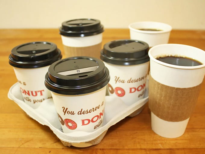 "You deserve a donut with your coffee"—truer words have never been printed on a coffee carrier. The perfect enabler for your sweet tooth.
