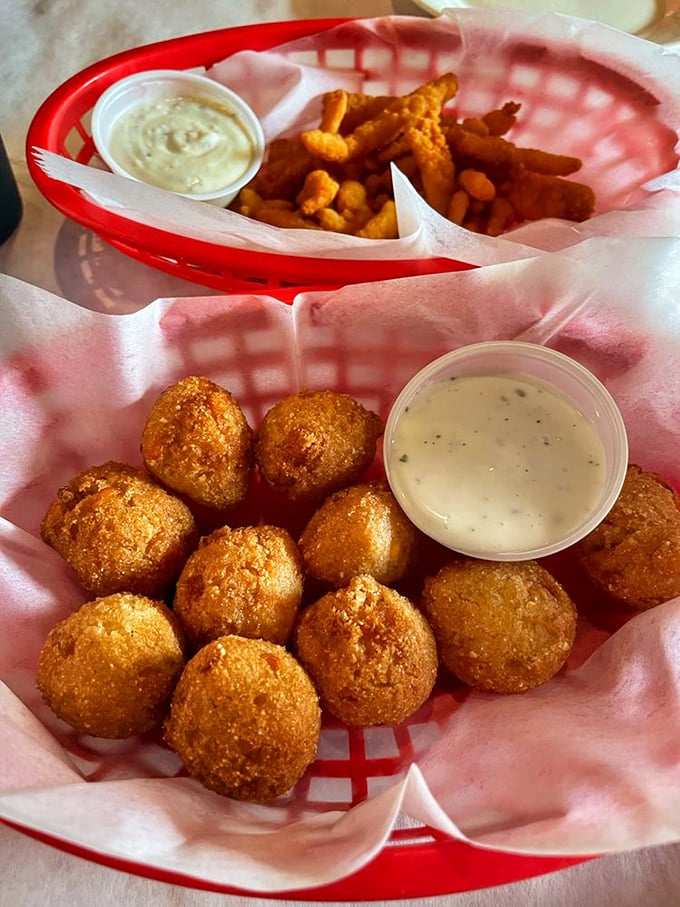 Hush puppies golden as doubloons alongside crispy fried treats—the kind of comfort food that makes you want to hug the chef.