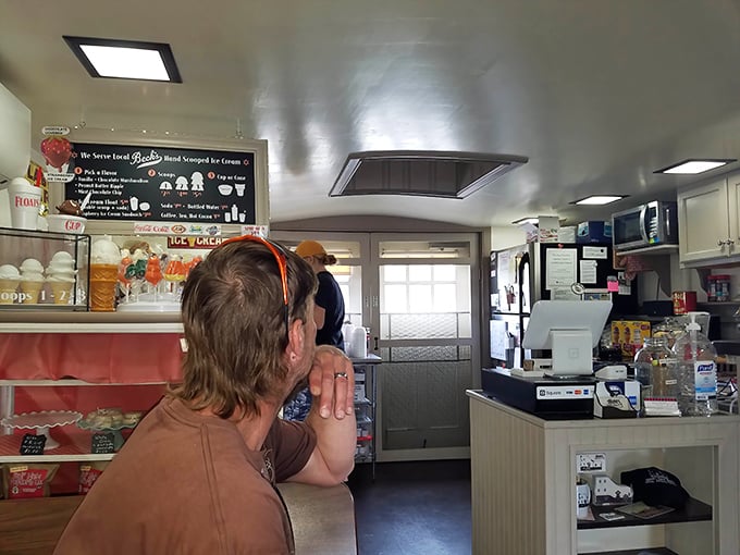 The ice cream parlor serves up sweet treats. Because what goes better with a giant shoe than a scoop of something delicious?