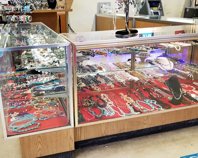 Jewelry cases glimmer with possibilities—costume pieces and occasional hidden gems await the discerning eye behind glass.