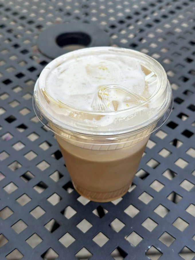 Iced coffee on a Florida sidewalk – nature's air conditioning in a cup with a sprig of mint for good measure.