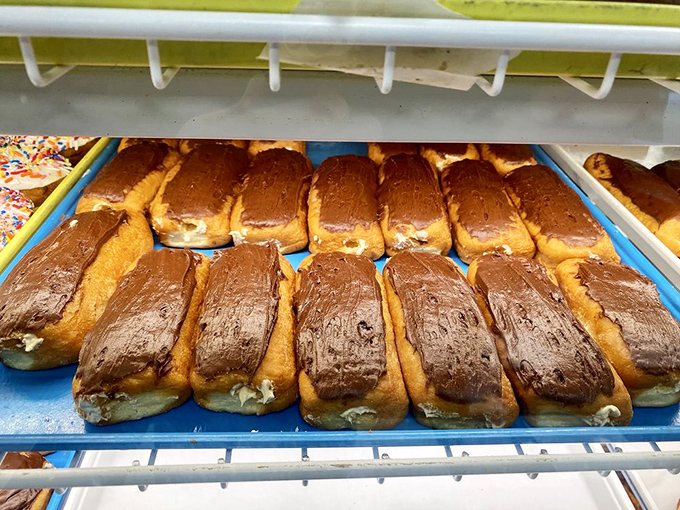 Long Johns lined up like sweet soldiers ready for duty. That chocolate frosting means serious business.