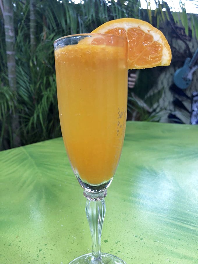 A mimosa in the garden setting isn't just a brunch cocktail—it's Florida sunshine in a flute, complete with vitamin C alibi.