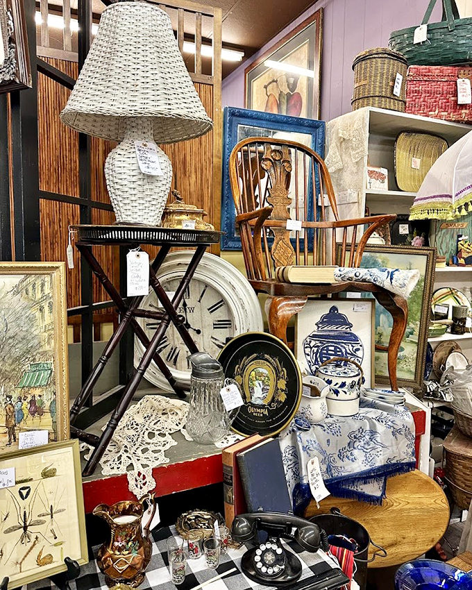 A carefully curated chaos of nostalgia where wicker lamps meet vintage clocks. Someone's "I can't believe we got rid of that" is another's perfect find.