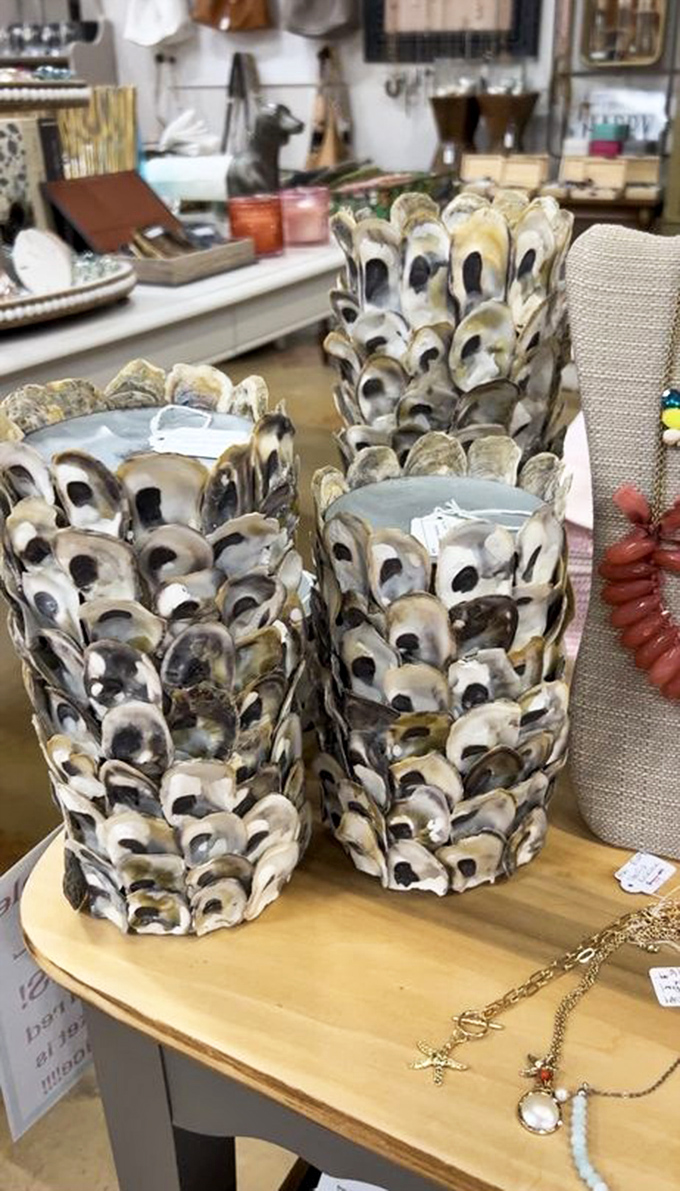 Nature's discards transformed into coastal elegance. These oyster shell vessels prove that one person's seafood dinner is another's statement piece.