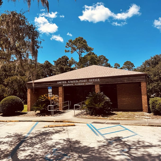 Even the post office in Micanopy has character—a humble brick building where mail moves at the same unhurried pace as the town itself.