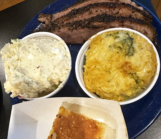 Sides that refuse to be sidelined—potato salad and broccoli casserole bringing their A-game to the barbecue party.