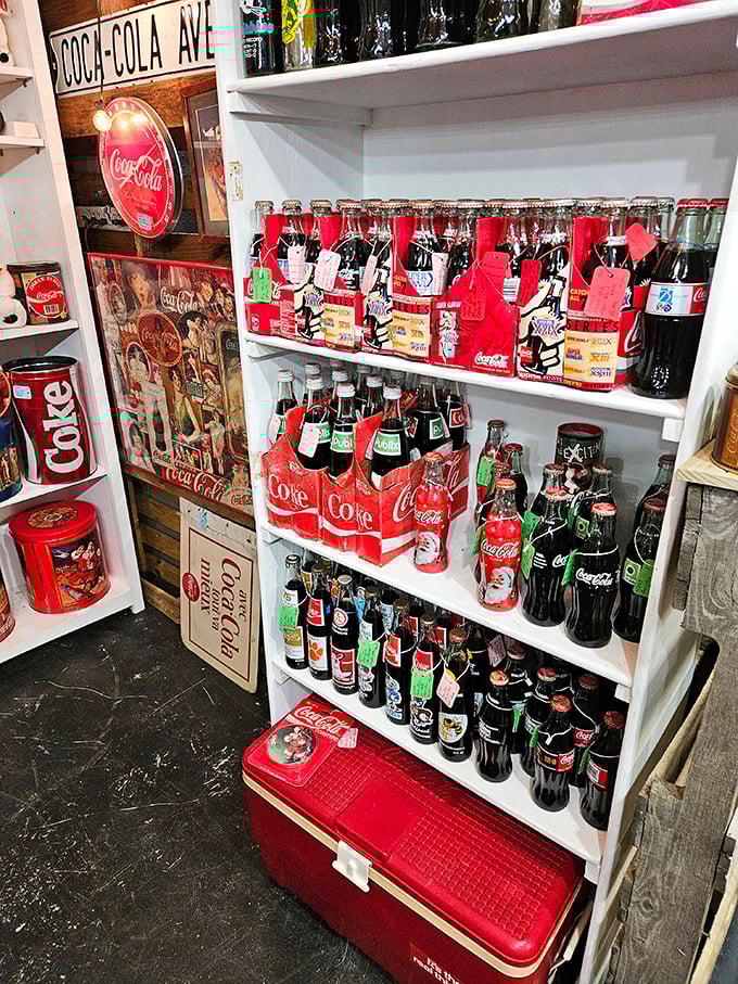 The Coca-Cola corner could single-handedly hydrate a collector's thirst for vintage advertising. Those bottles haven't held soda for decades, but they're still selling happiness.